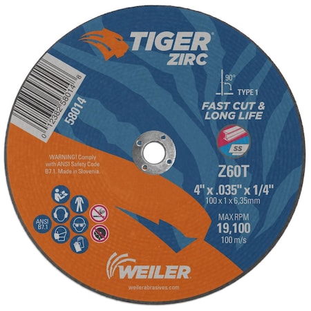 Weiler Type 1, 4 in Dia, 0.035 in Thick, Zirconia Alumina, 60 Grit 58014 | Zoro